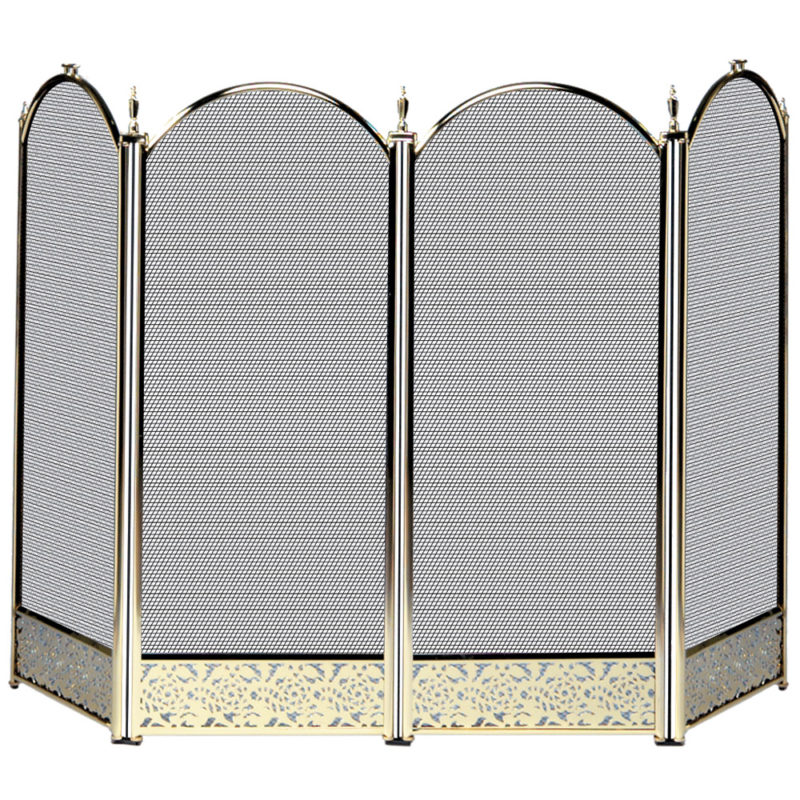 4 Fold Polished Brass Finish Screen with Decorative Filigree - UniFlame